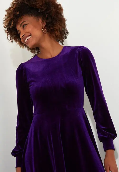 JOE BROWNS Velvet Crew Neck Midi Dress With Balloon Sleeves