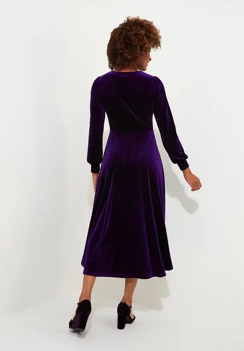 JOE BROWNS Velvet Crew Neck Midi Dress With Balloon Sleeves