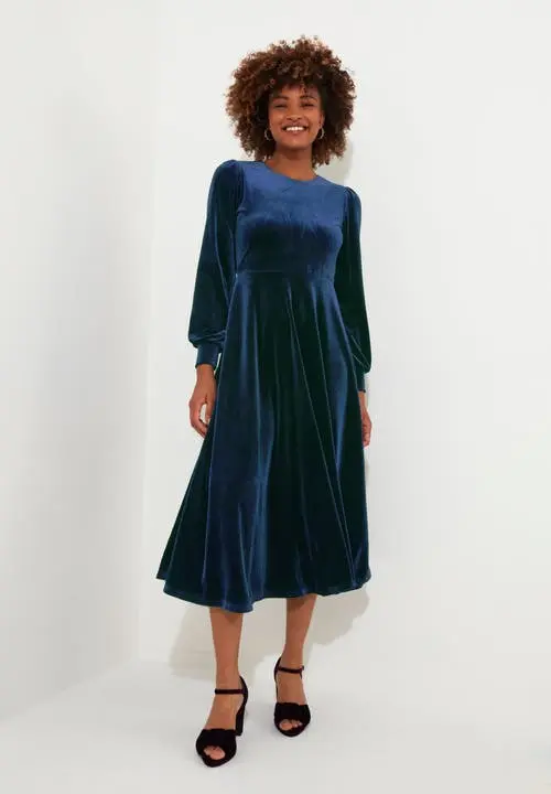 JOE BROWNS Crew Neck Velvet Midi Dress With Balloon Sleeves