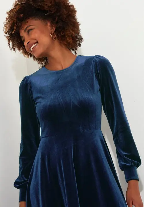 JOE BROWNS Crew Neck Velvet Midi Dress With Balloon Sleeves