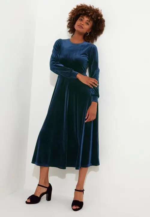 JOE BROWNS Crew Neck Velvet Midi Dress With Balloon Sleeves