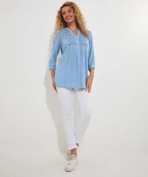 JOE BROWNS Crochet Trim Pintuck Shirt - Alaskan Blue