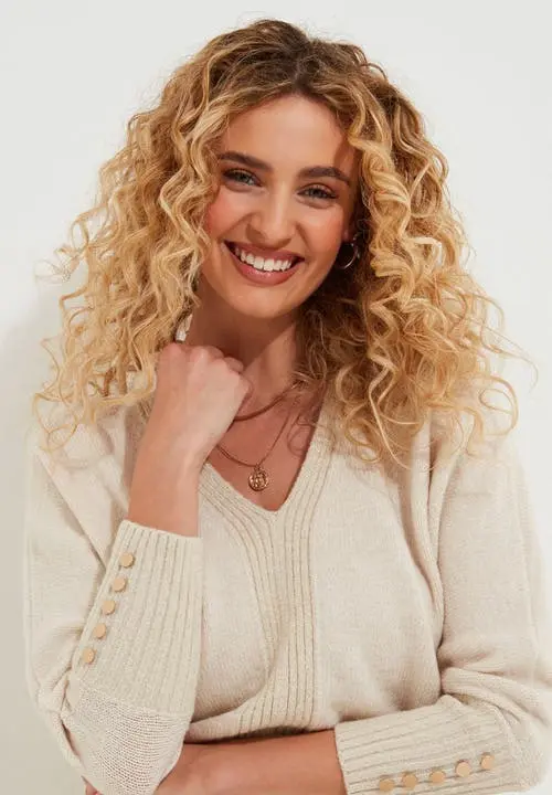 JOE BROWNS V-neck Shimmer Pullover Sweater With Batwing Design - Cream