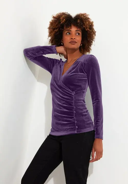 JOE BROWNS Velvet V-neck Wrap Top With Button Detail