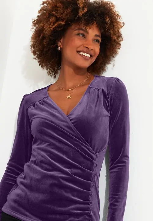 JOE BROWNS Velvet V-neck Wrap Top With Button Detail