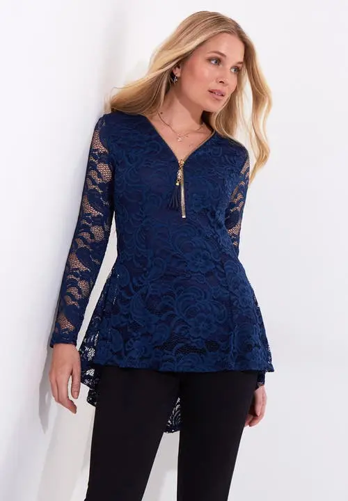 JOE BROWNS V-neck Lace Tunic With Zipper Detail - Evening Blue