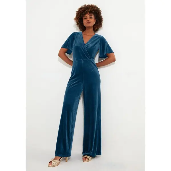JOE BROWNS Flutter Sleeve Velvet Jumpsuit - Blue Opal