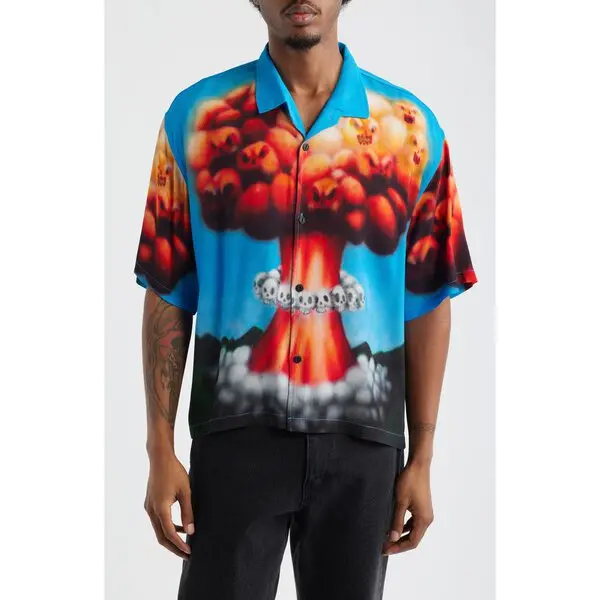 BRAIN DEAD Explosion Graphic Button-up Shirt - Blue Multi