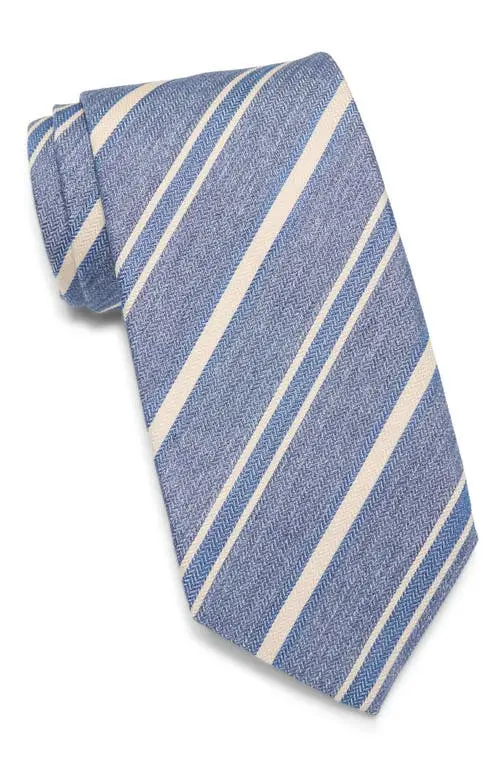David Donahue Stripe Herringbone Silk Neck Tie - Denim