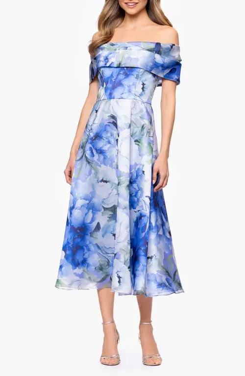 Betsy & Adam Floral Print Organza Off-the-shoulder Party Dress