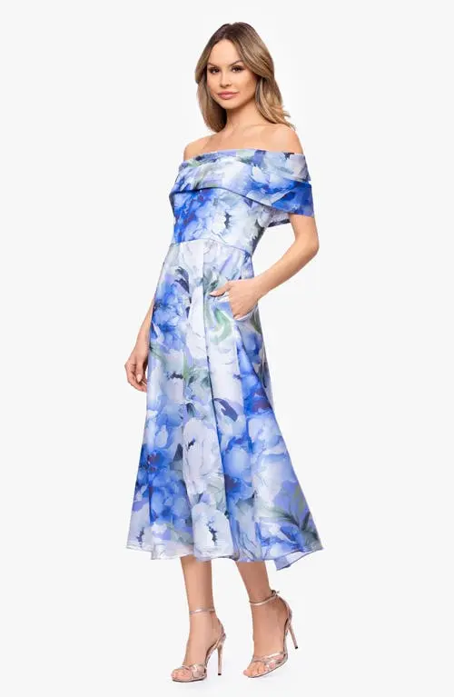 Betsy & Adam Floral Print Organza Off-the-shoulder Party Dress