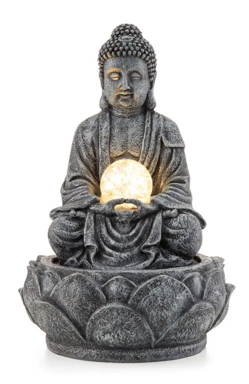 GLITZHOME Zen-style Polyresin Table Fountain With Pump And Led Light - Grey
