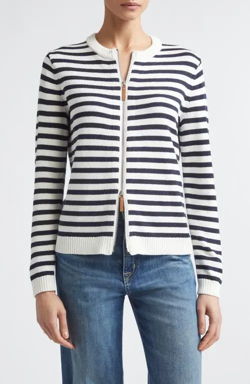 Lafayette 148 New York Stripe Cotton & Silk Zip Cardigan
