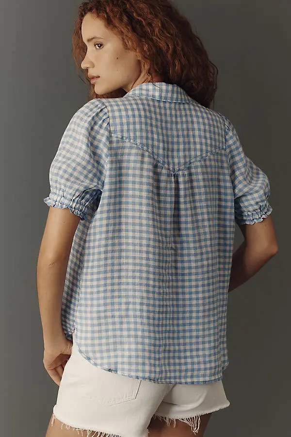 PILCRO Aly Linen Puff-sleeve Blouse - Blue Gingham
