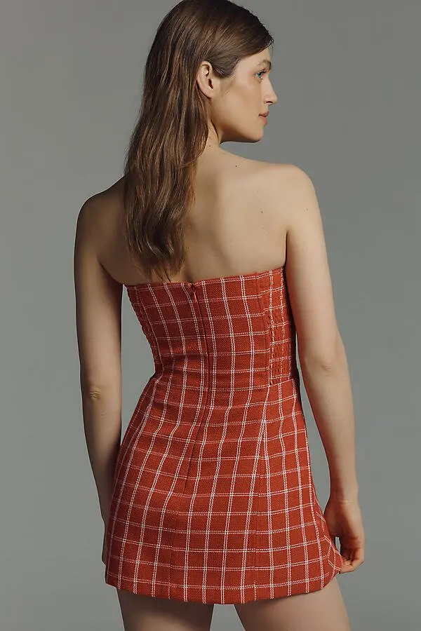 Amanda Uprichard Strapless Plaid Romper - Red Pattern