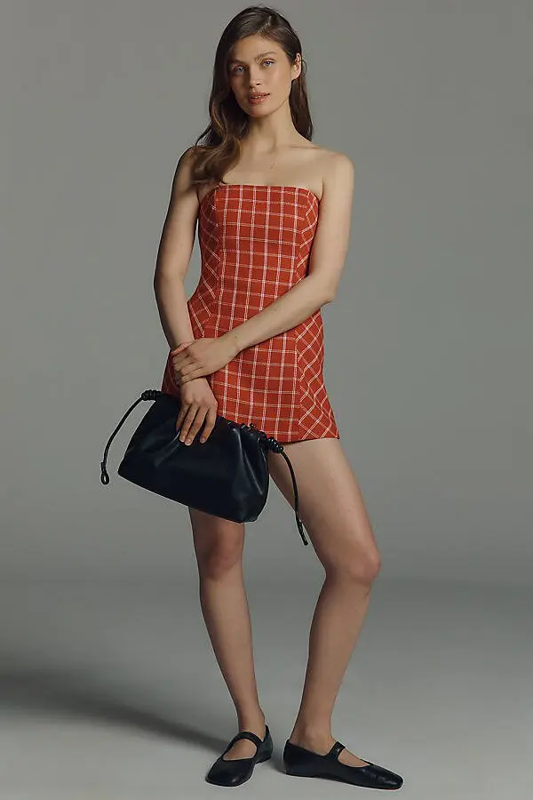 Amanda Uprichard Strapless Plaid Romper - Red Pattern