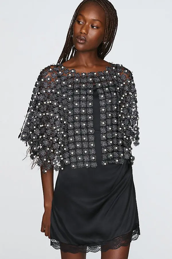 Anthropologie Sheer Pearl Lace Cape Top - Black