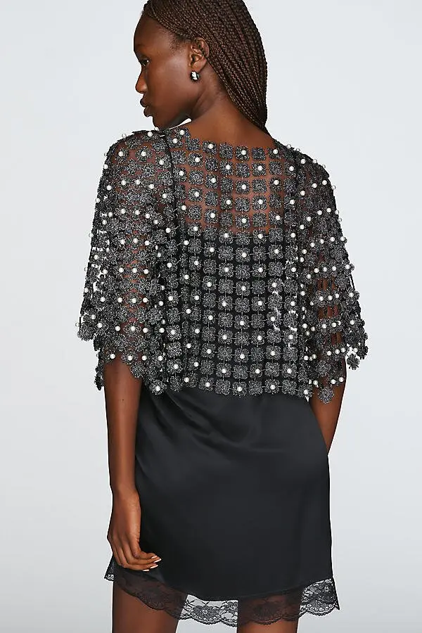 Anthropologie Sheer Pearl Lace Cape Top - Black