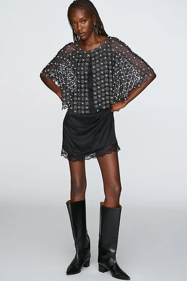 Anthropologie Sheer Pearl Lace Cape Top - Black