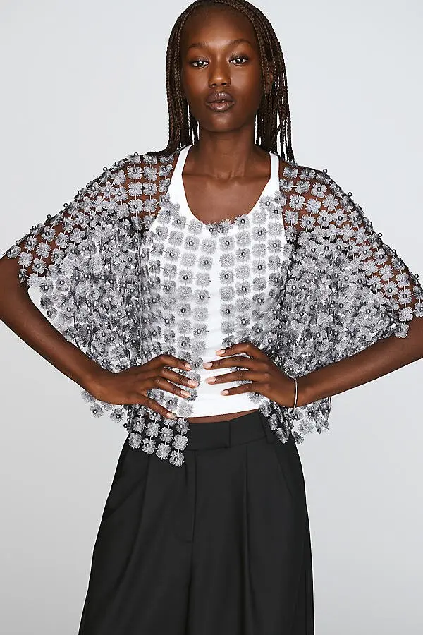 Anthropologie Sheer Pearl Lace Cape - Silver