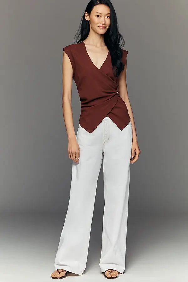 Maeve V-neck Cap-sleeve Top With Buckle Detail - Brown