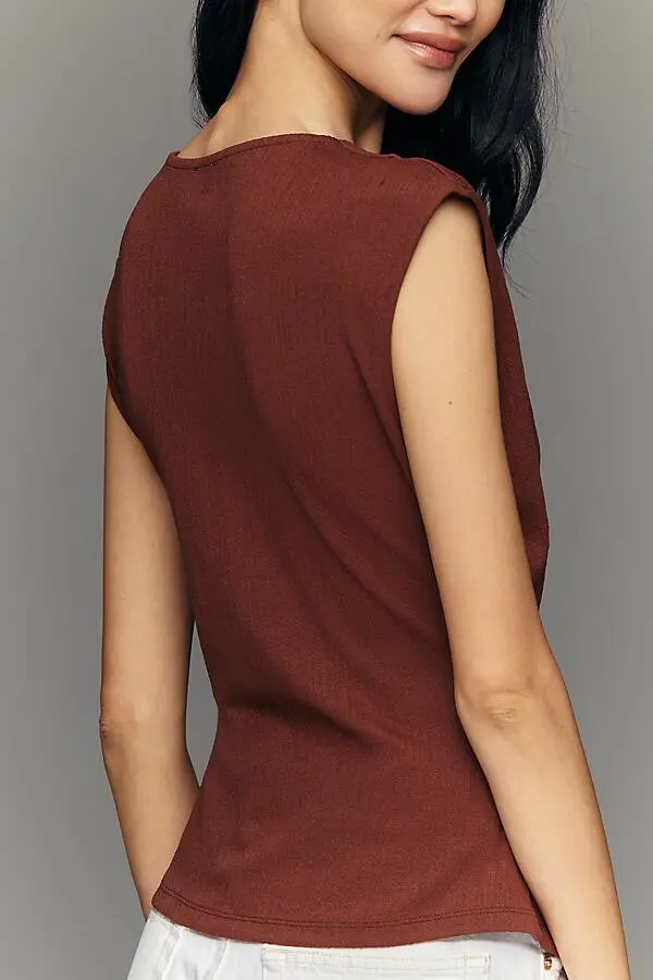 Maeve V-neck Cap-sleeve Top With Buckle Detail - Brown