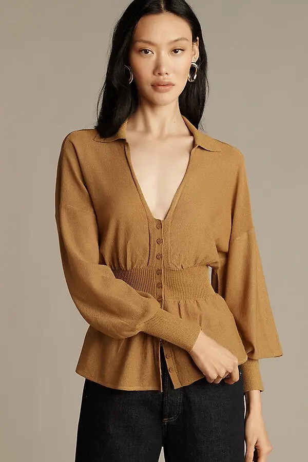 Anthropologie Long-sleeve V-neck Sheer Sweater - Khaki