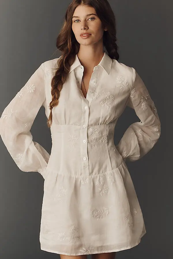 FLAT WHITE Waisted Mini Shirt Dress - White