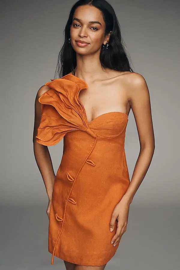 Farm Rio Sculptural One-shoulder Linen Mini Dress - Orange