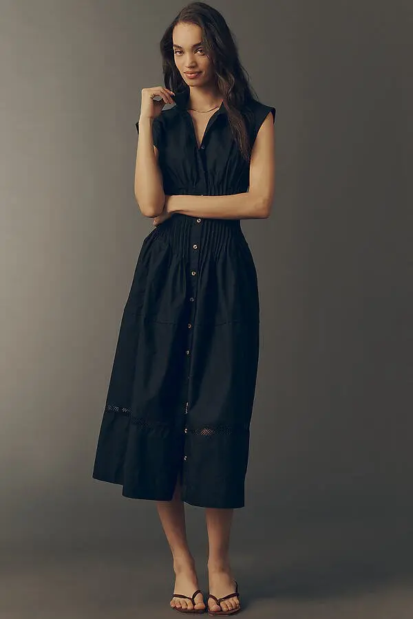 Maeve Cotton Waisted Midi Shirt Dress - Black Onyx