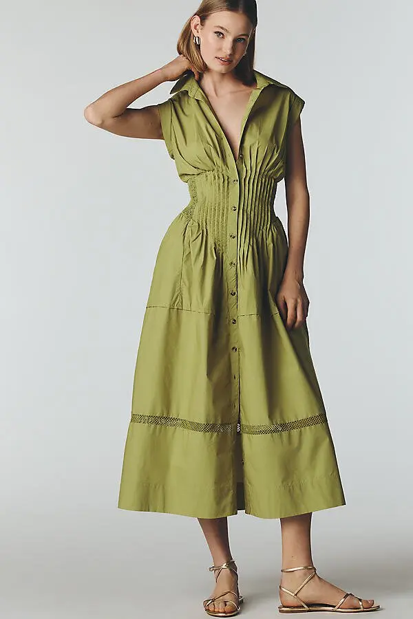 Maeve 100% Cotton Waisted Midi Shirtdress