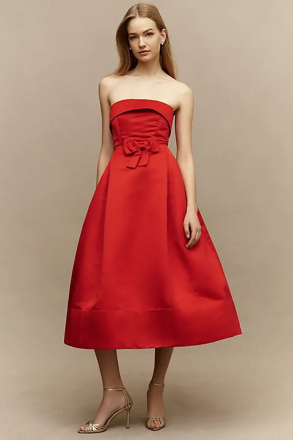 Bhldn Bow Strapless Midi Dress - Red