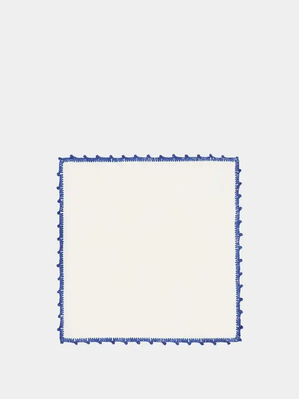 HOUSE OF CAPRICORN Hand-embroidered Linen Cocktail Napkin With Crochet Detailing - Blue