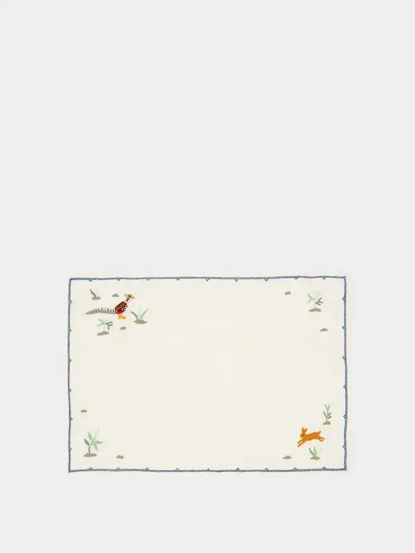 HOUSE OF CAPRICORN Hand-embroidered Linen Placemat - White