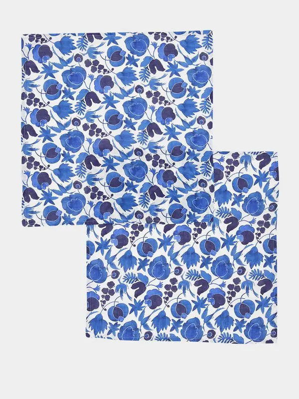La DoubleJ Wildbird Blu Linen Napkins Set Of 2 - Blue