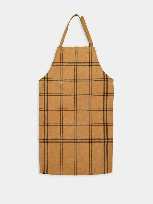 Madam Stoltz Checked Apron With Fringes - Brown