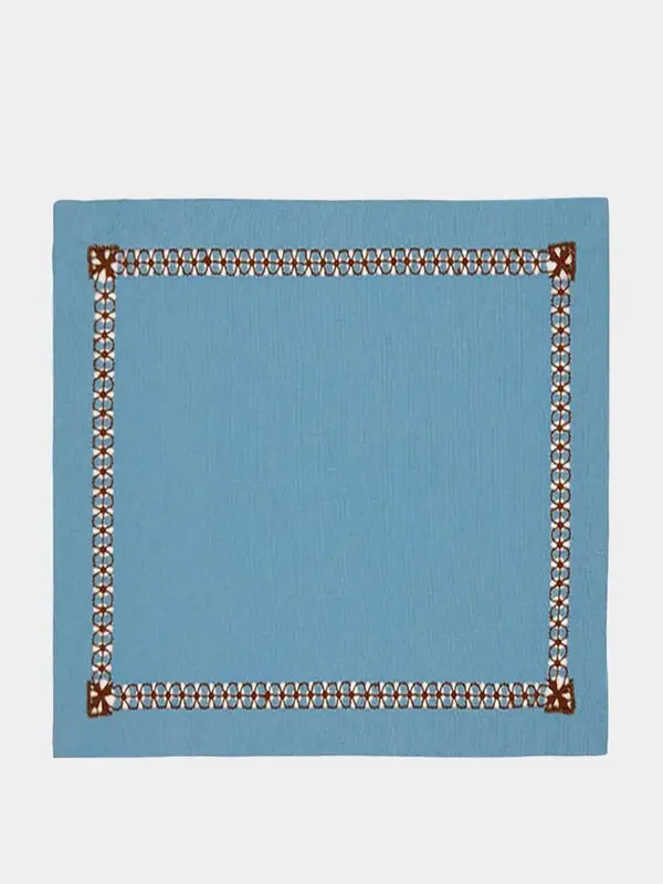 HOUSE OF CAPRICORN Hand-embroidered Maria Turquoise Linen With Brown Embroidery Napkin - Blue