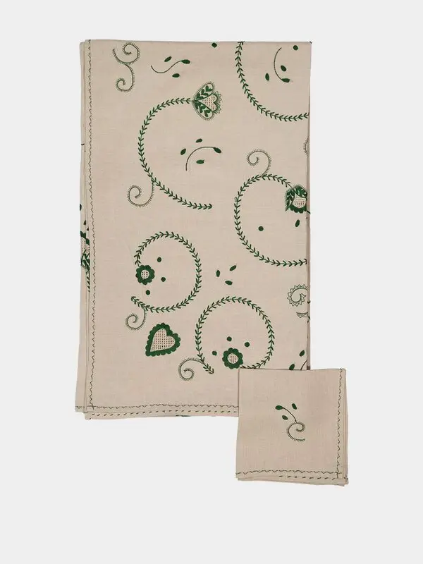 HOUSE OF CAPRICORN Hand-embroidered Viana Beige Linen With Embroidery Tablecloth And Napkin Set - Green