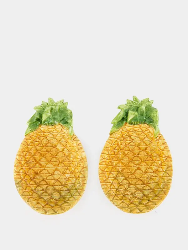 LES-OTTOMANS Set Of 2 Handpainted Pineapple Ceramic Side Plates - Yellow