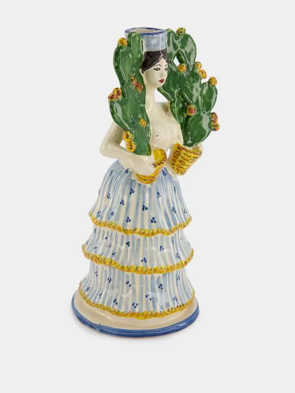 LES-OTTOMANS Cactus Porcelain Candle Holder - Multicolour