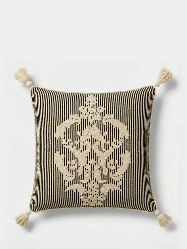 HOUSE OF CAPRICORN Bourbon Striped Cotton Embroidered Cushion - Black