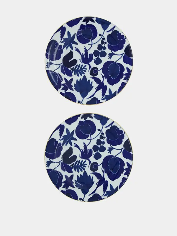 La DoubleJ Wildbird And Bianco Porcelain Dessert Plate Set Of 2 - Blue