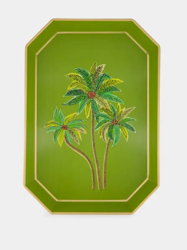 LES-OTTOMANS Handpainted Palm Trees Tray - Green
