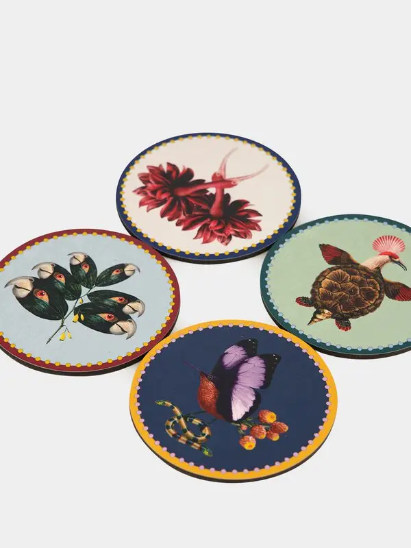 La DoubleJ Blooming Buddies Wooden Coasters Set Of 4 - Multicolour