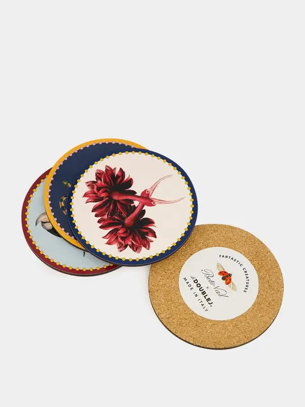 La DoubleJ Blooming Buddies Wooden Coasters Set Of 4 - Multicolour