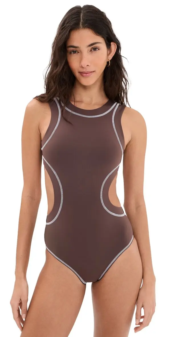 Staud One Piece With Cut Out And Contrast Stitching - Java