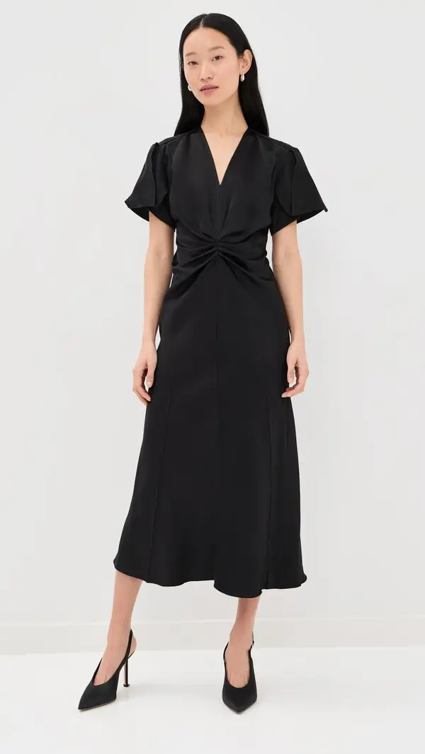 Victoria Beckham Eve Midi Dress With Ruched And Pleated Details - Black
