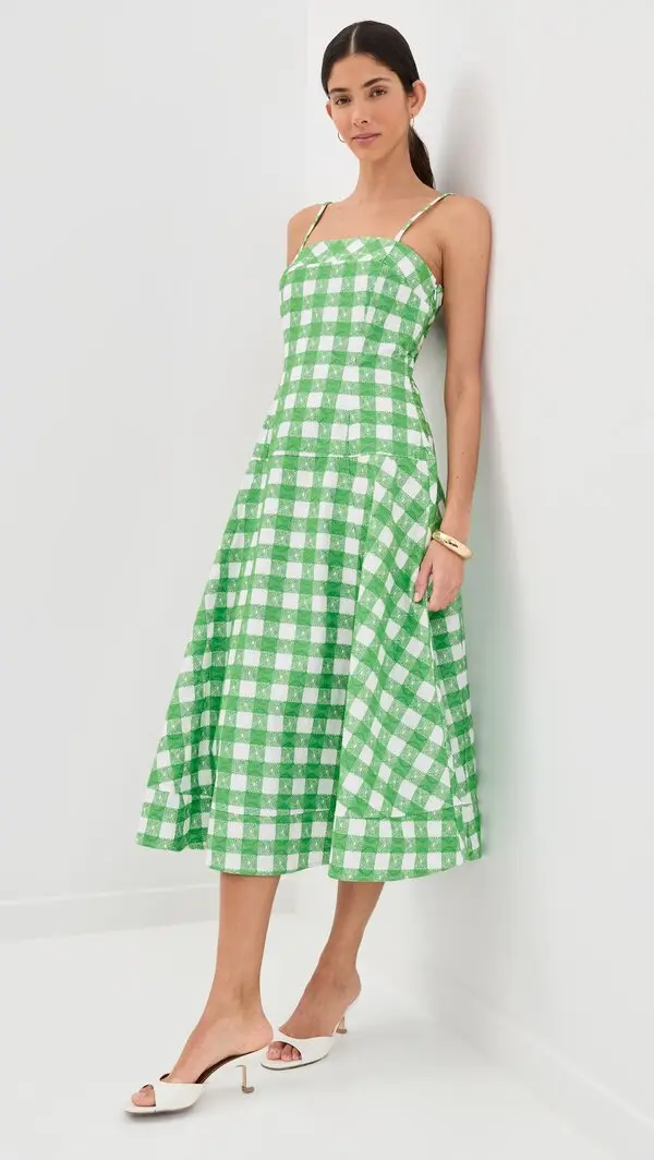 Rosie Assoulin Gingham Check Square Neck Sleeveless Midi Dress - Grass Green