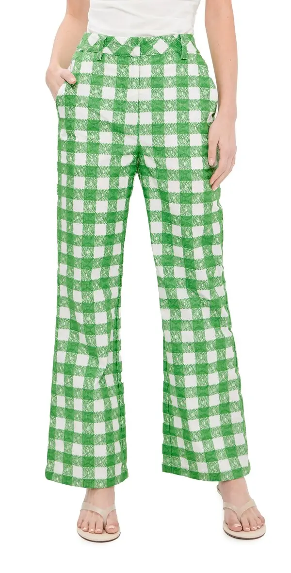 Rosie Assoulin Easy Does It" Gingham Check Textured Pants - Grass Green