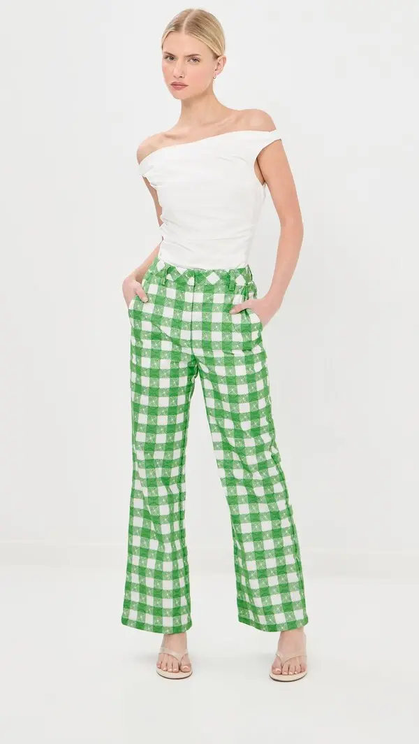 Rosie Assoulin Easy Does It" Gingham Check Textured Pants - Grass Green